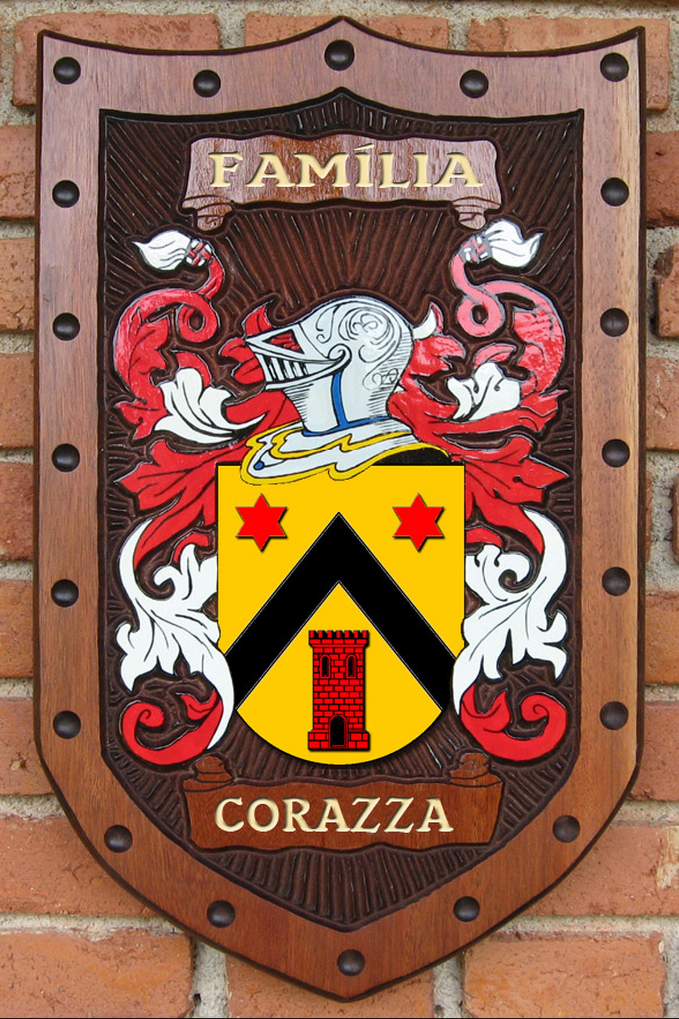Brasão da família Corazza - entalhado em Madeira - Pica-pau Entalhes ...
